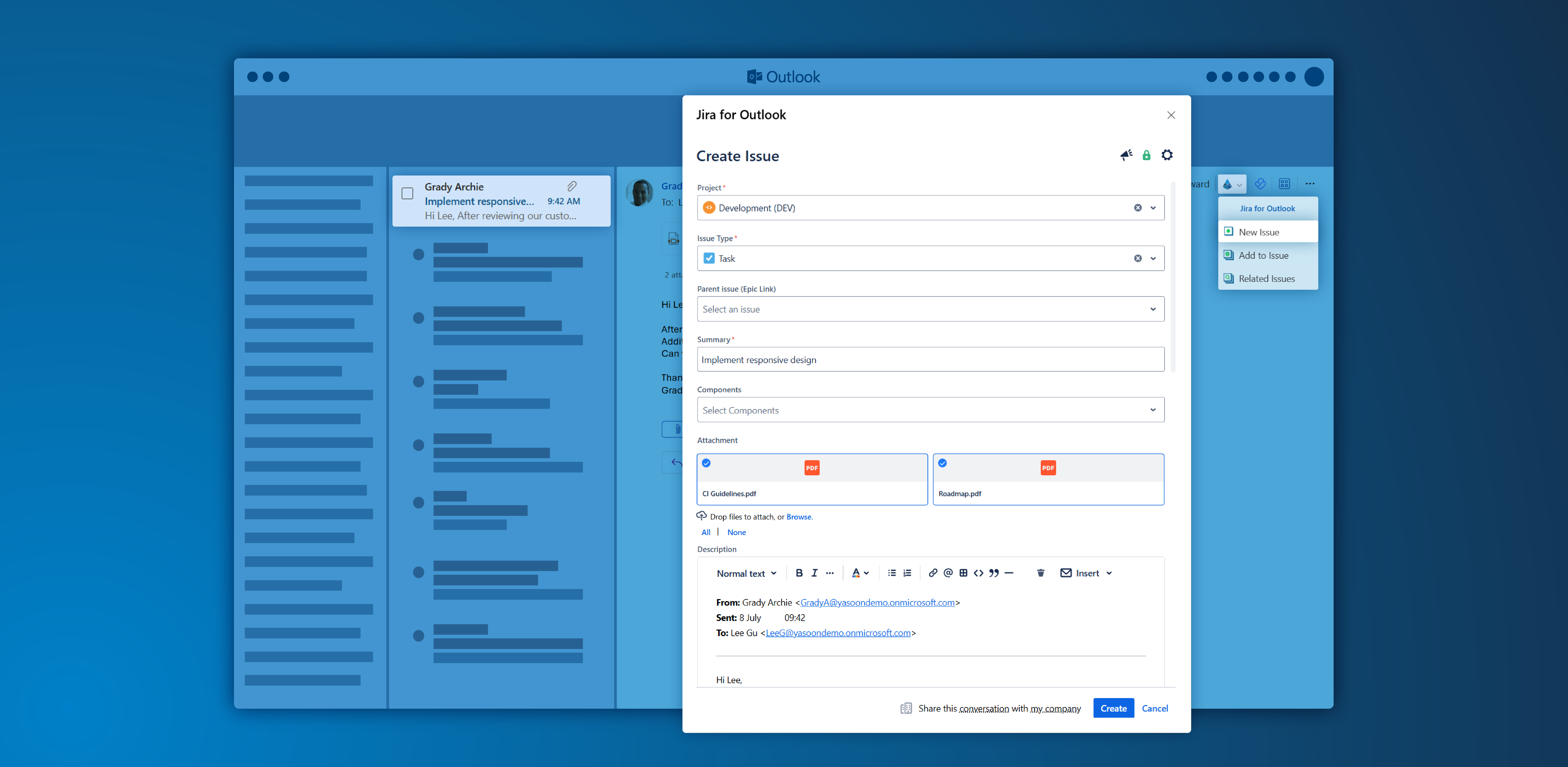 Create new Jira issues in Outlook