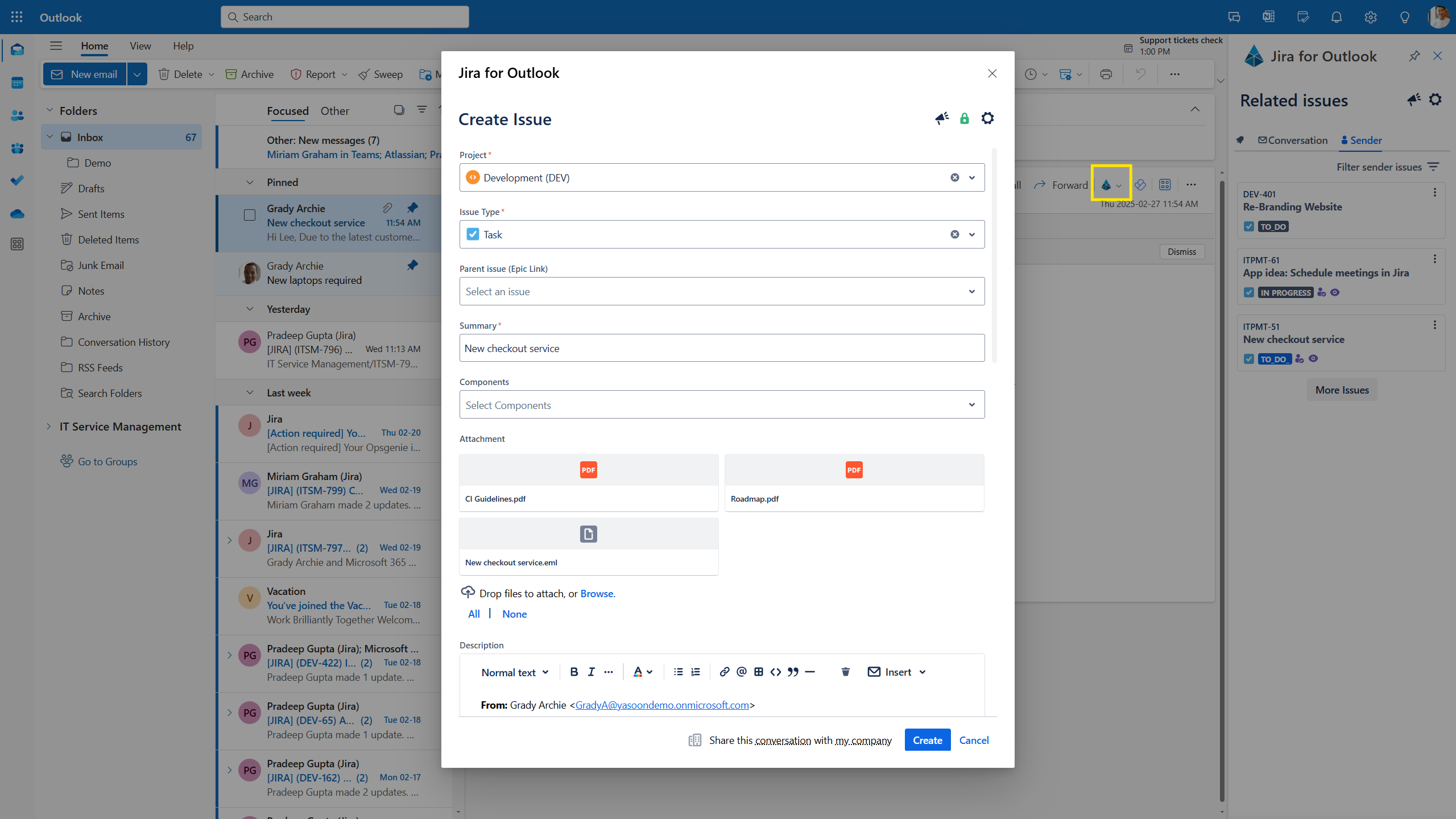 Create new Jira issues in Outlook