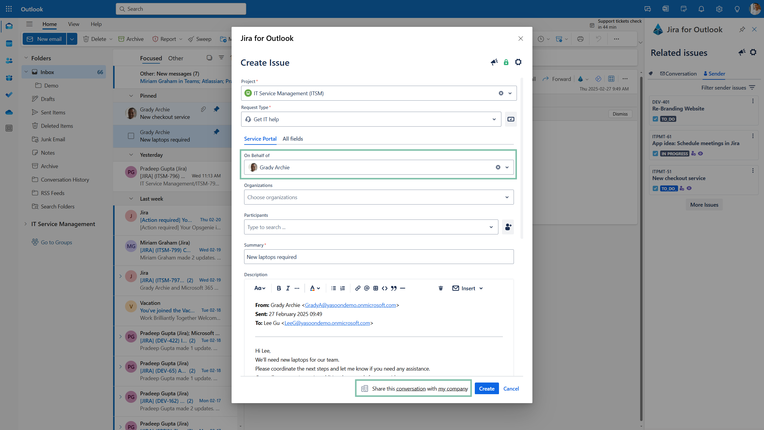 Create new Jira issues in Outlook