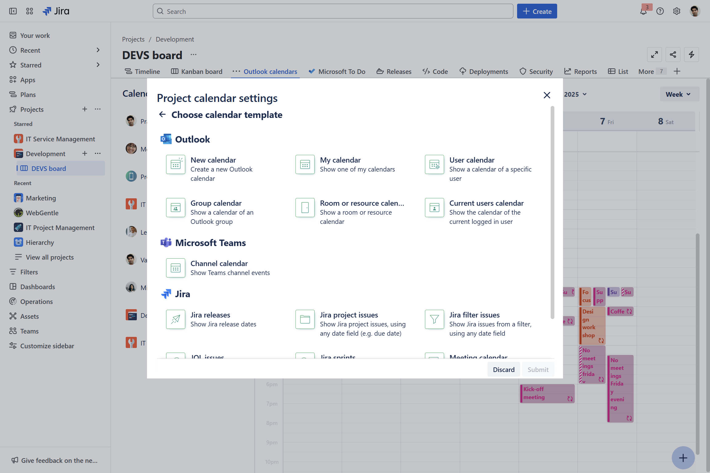 Calendar: Work with Outlook calendars in Jira