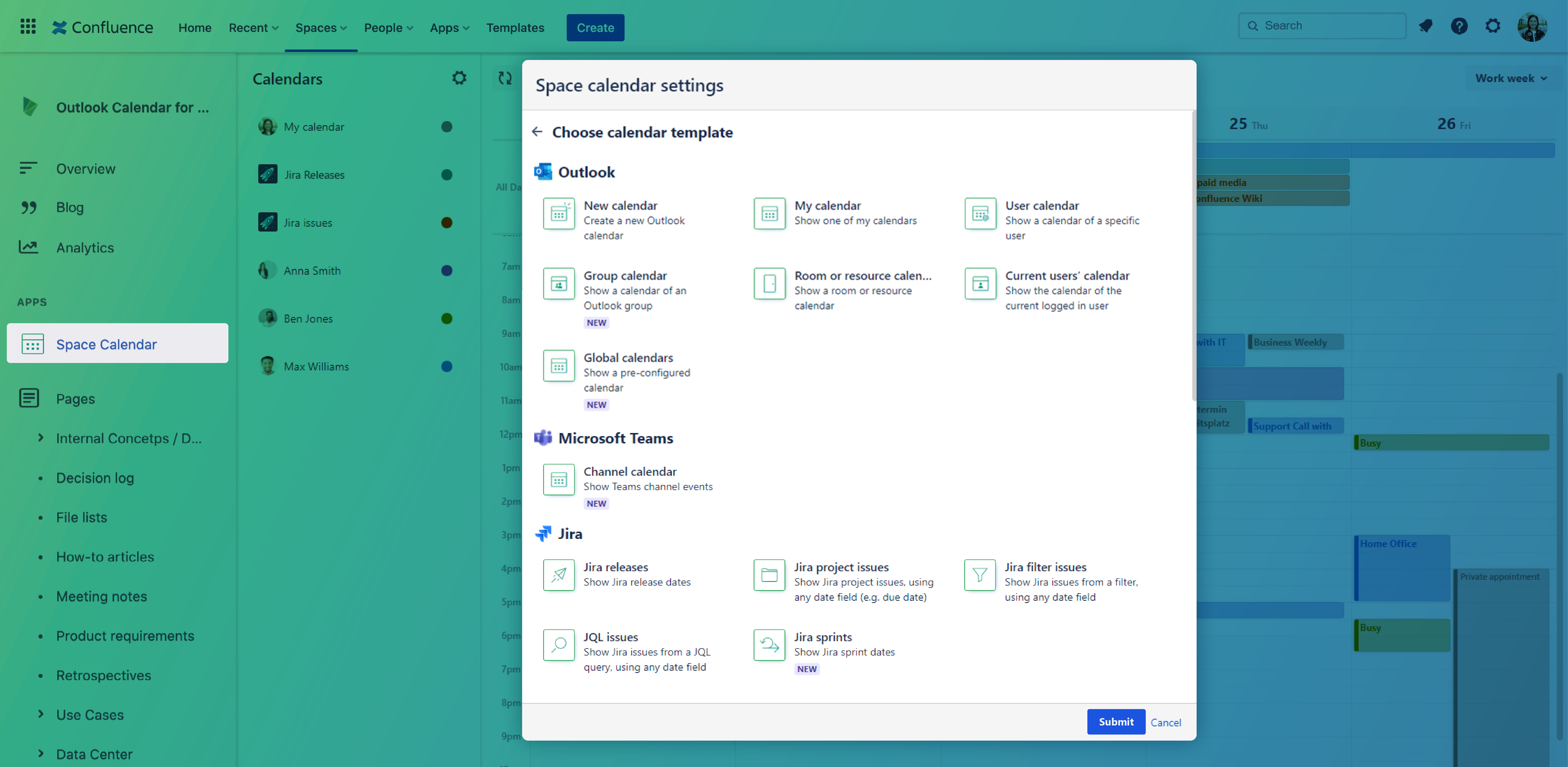 Work with Outlook calendars in Confluence