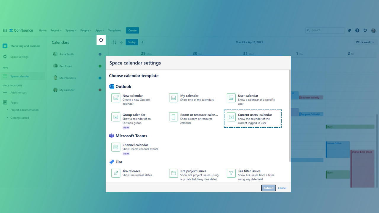 Work with Outlook calendars in Confluence