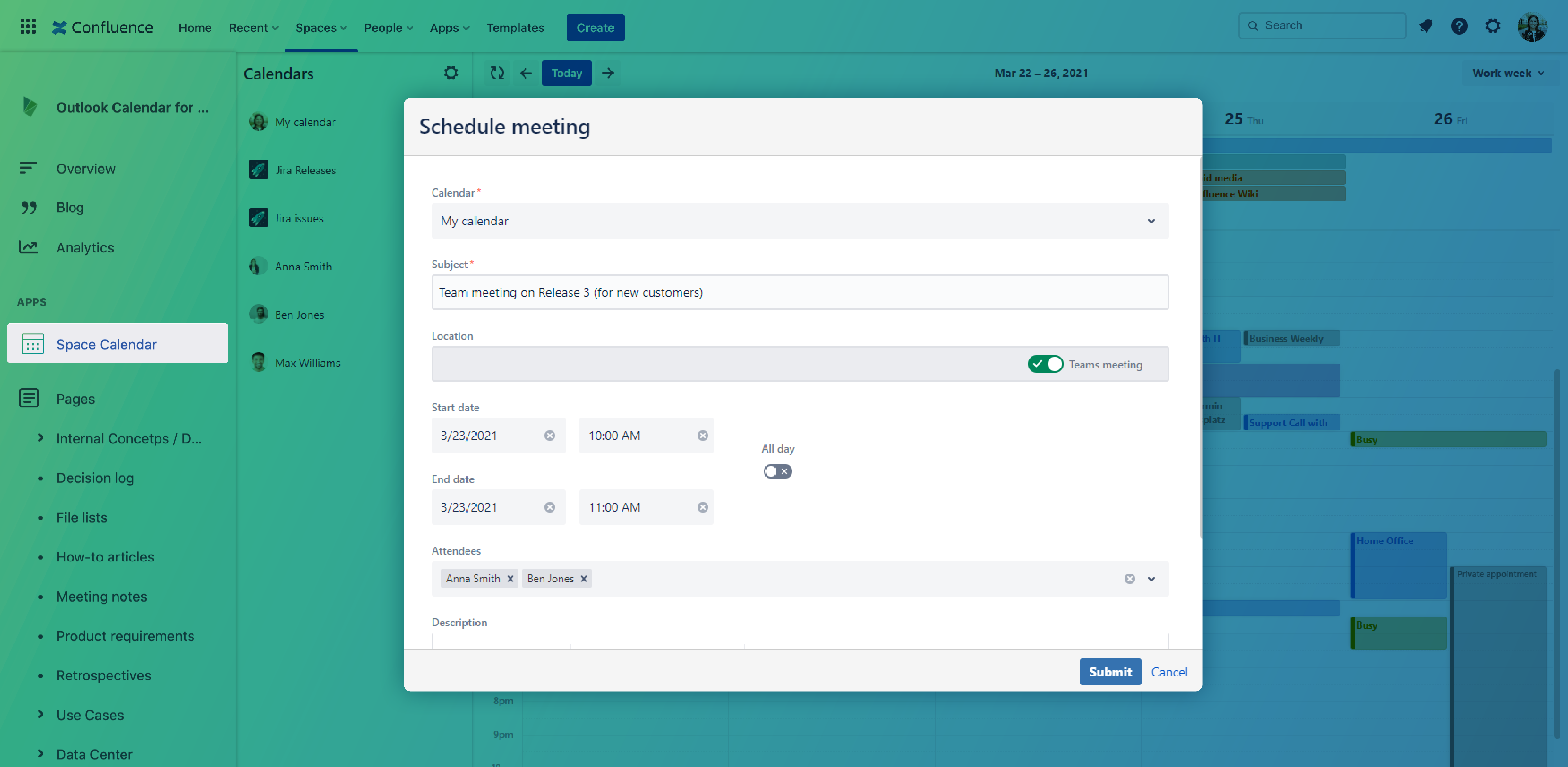 Work with Outlook calendars in Confluence