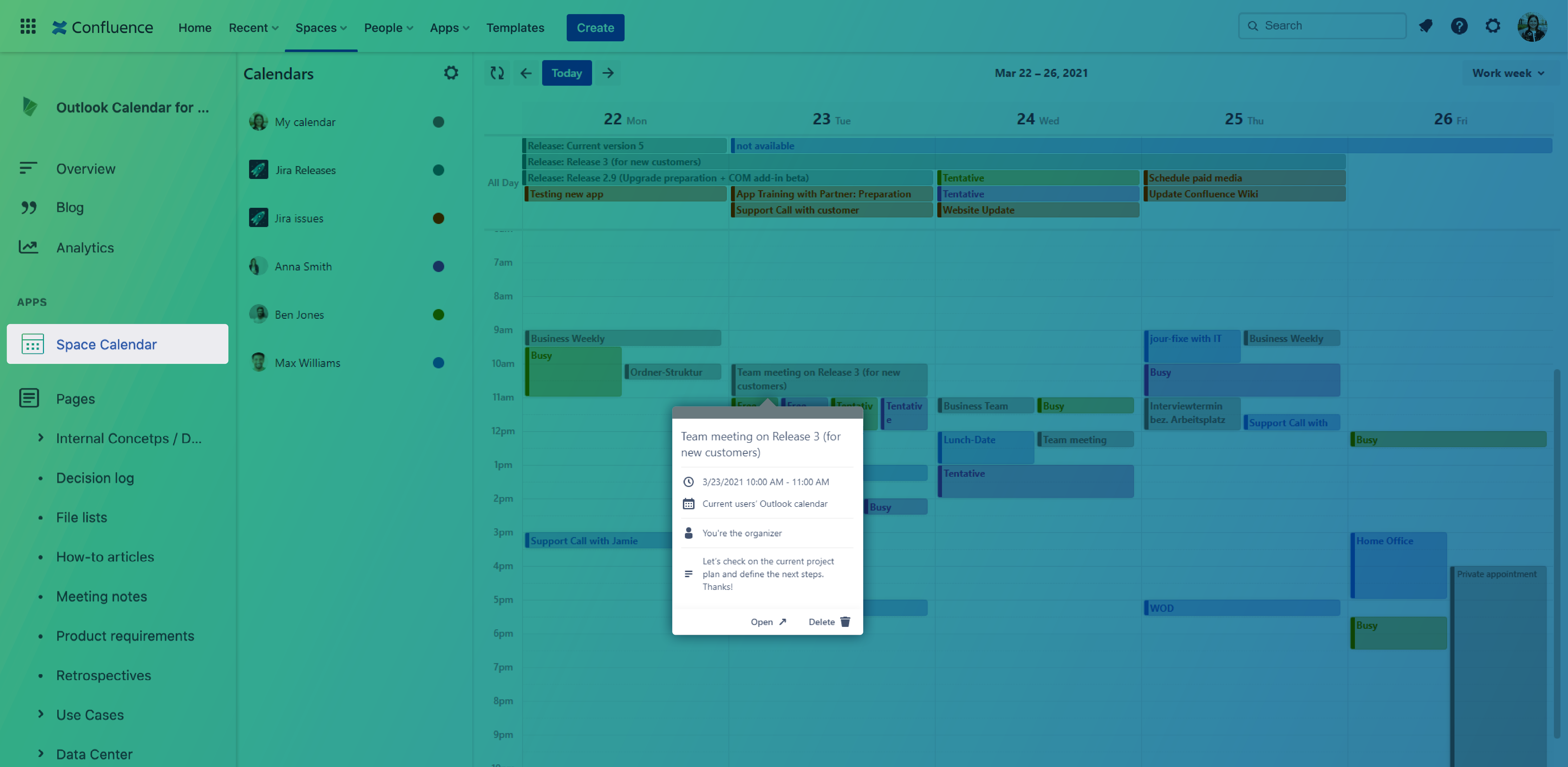Work with Outlook calendars in Confluence