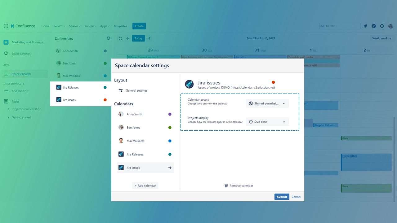Work with Outlook calendars in Confluence